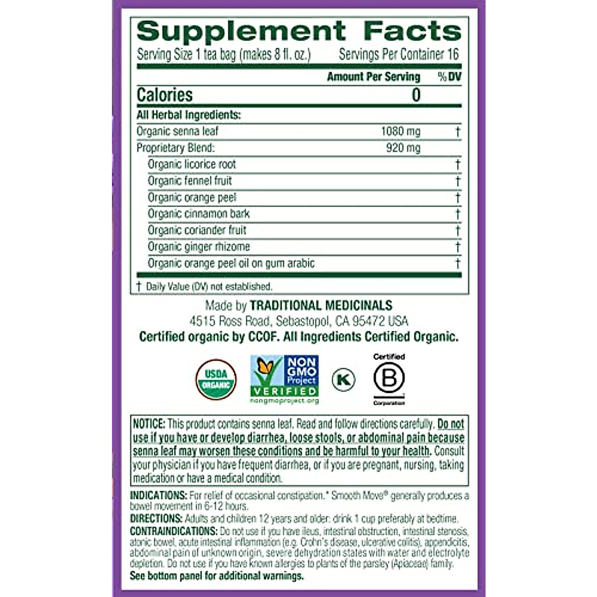 Traditional Medicinals Organic Smooth Move with Senna Herbal Tea, Relieves Occasional Constipation, (Pack of 2) - 32 Tea Bags Total