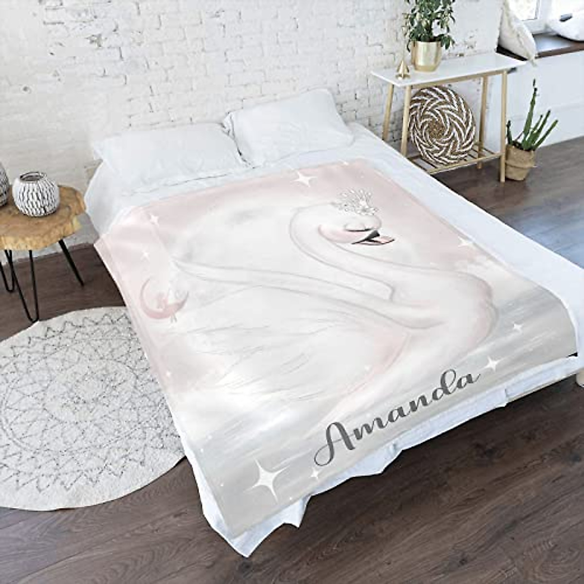 Artistic Swan Personalized Name Soft Fleece Bed Blankets Throws as Birthday Wedding Gifts for Sofa Couch 50'' x 60''