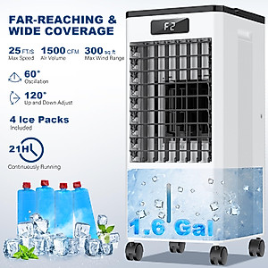 Portable Air Conditioners, 3-IN-1 Evaporative Air Cooler w/4 Modes 3 Speeds, 1.6 Gal Water Tank, Swamp Cooler w/Remote, Windowless Air Conditioner w/12H Timer, Child Lock, Portable AC for Room Office