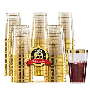 100 Gold Plastic Cups 14 Oz Gold Glitter with a Gold Rim - Premium Disposable Party Cups - Elegant and Classy Sturdy Cups - Weddings Birthdays Anniversaries and Other Social Events