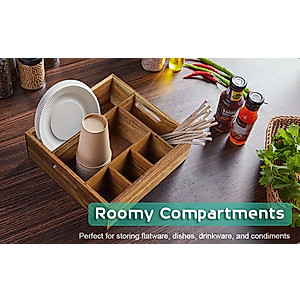 ALELION Acacia Wood Utensil Holder for Party - Paper Plate Organizer for Countertop - Silverware Caddy with 6 Compartments for Plate, Cup, Fork, Spoon - Cutlery Holder for Kitchen Camping Buffet