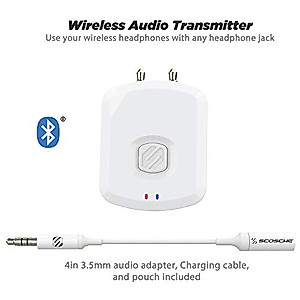 SCOSCHE BTTWT-SP FlyTunes Universal Portable Bluetooth 4.1 Wireless Audio Transmitter for Use with AirPods, Earbuds/Headphones, TV’s and More - White