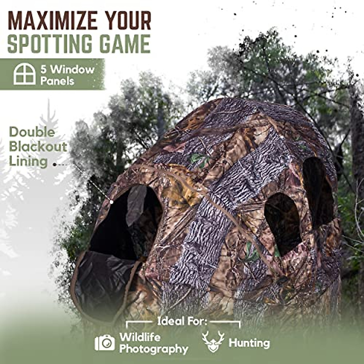 Camouflage Hunting Blind - 1 Person Ground Blind & Chair for Deer & Turkey Hunting I Durable Pop Up Hunting Tent with 5 See Through Windows, Blackout Lining, Carry Bag & Lightweight, Waterproof Fabric