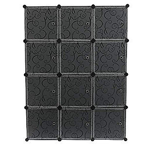VINGLI Cube Storage, 12 Cube Organizer Shelves, Plastic Closet Cabinet, DIY Modular Storage Cube Organizer with Doors for Bedroom Living Room Office, Black