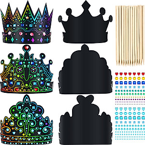 Lewtemi 110 Pcs Paper Crowns Set Scratch DIY Paper Crowns with Rainbow Crown Headband Hats Wooden Styluses Craft Elastic Bands Colorful Gem Jewels Stickers for Boys Girls Adults DIY Decorate