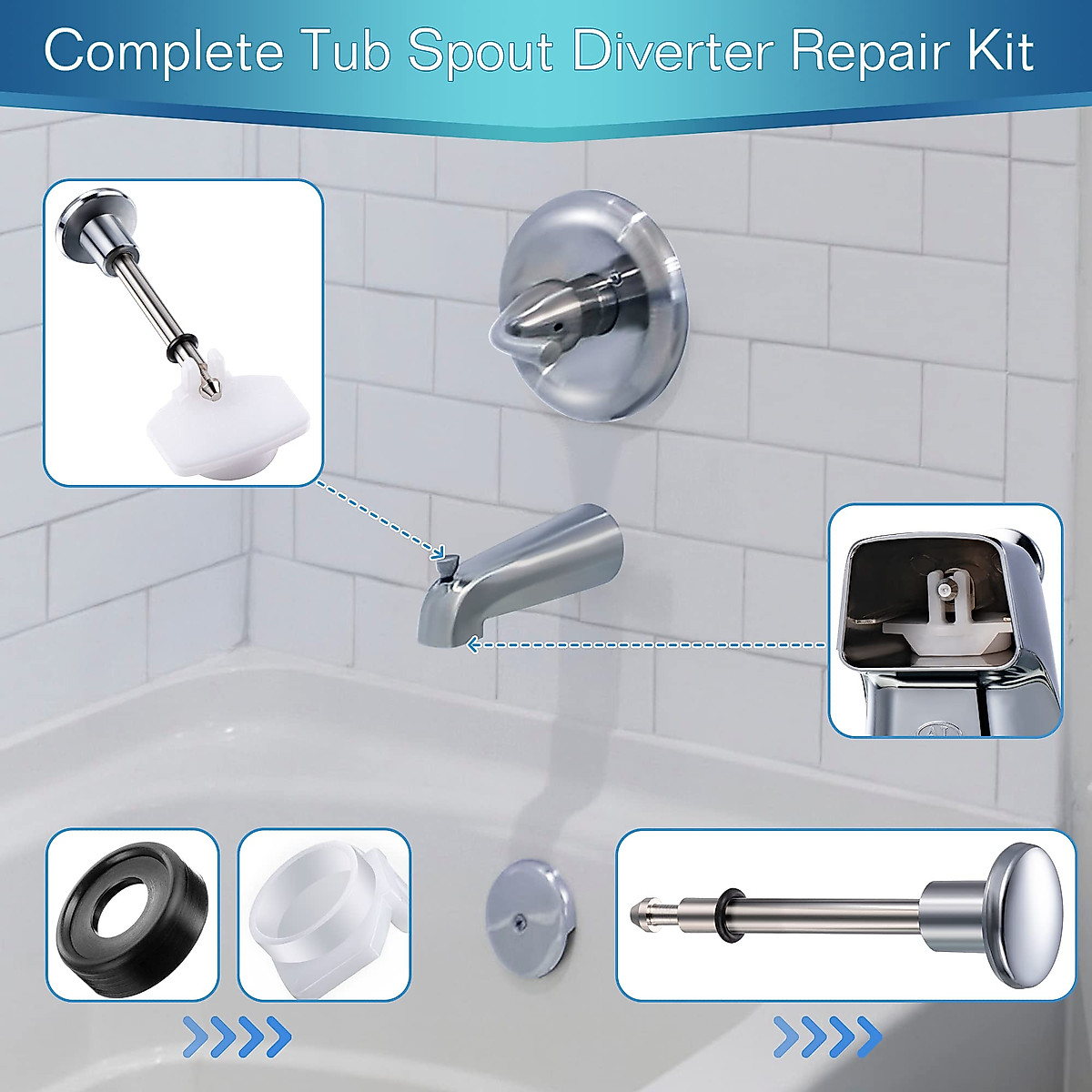 Enhon 2 Set Tub Spout Diverter Repair Kit, Includes 2 x Diverter Valve Stems, 2 x Cup Seals and 2 x Gates, Bathroom Shower Bathtub Leaky Faucet Repair Replacement Parts (Chrome,Classic)