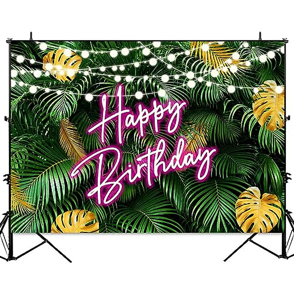 Sensfun Hawaiian Tropical Palm Leaves Happy Birthday Backdrop Aloha Luau Pink Neon Birthday Jungle Green Leaves Photo Background Adults 30th 40th 50th Birthday Decorations Banner Photo Props 7x5ft