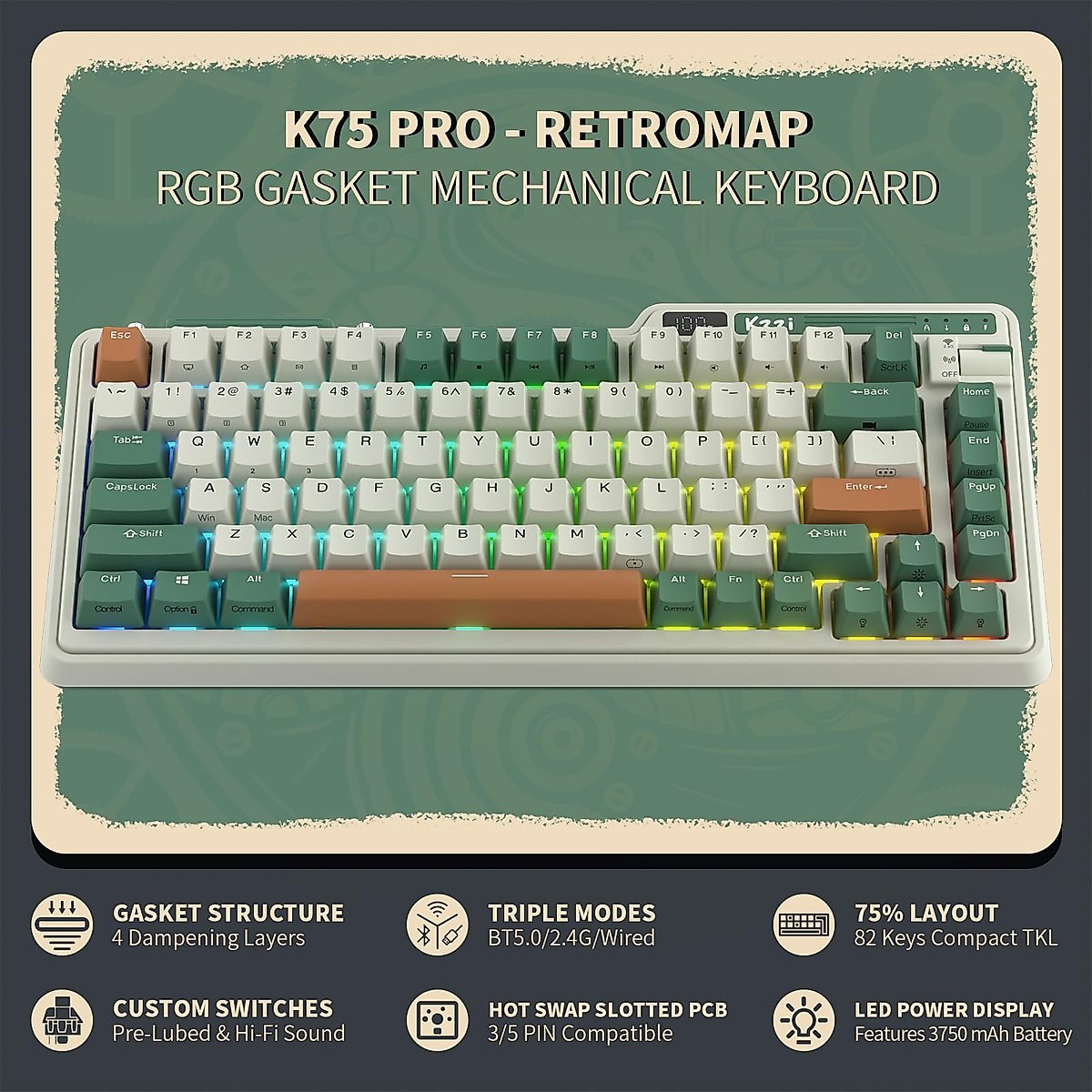 KZZI K75 PRO RGB 75% Wireless Gasket Mechanical Keyboard, Triple Mode BT 5.0/2.4G/USB-C 82 Keys Hot Swappable Gaming Keyboard w/Knob & Power Display, Custom Tactile Switches, Green
