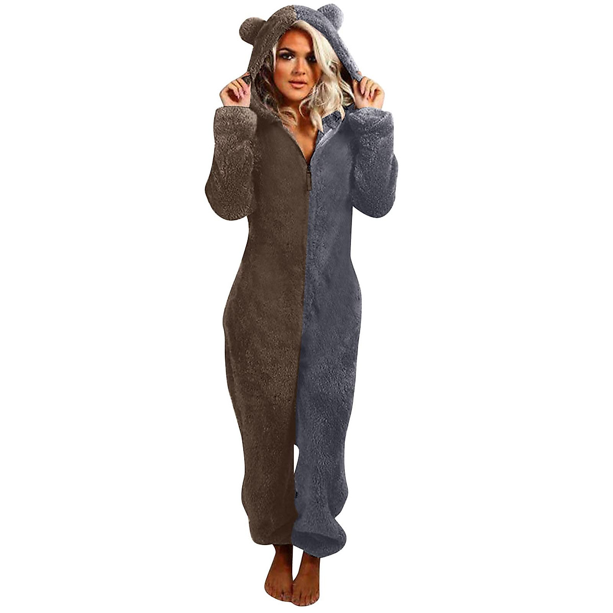 Aniywn Unisex Adult Pajama Onesie Cute Cat Ear Animal Costume Colorblock Zip Up Plush Comfort One Piece Pajama Jumpsuits