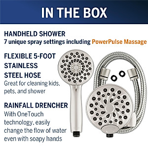 Waterpik One-Touch Dual 2-in-1 Shower System With Rain Shower Head and 7-Mode Hand Held Shower Head, Brushed Nickel XPB-139E-769ME