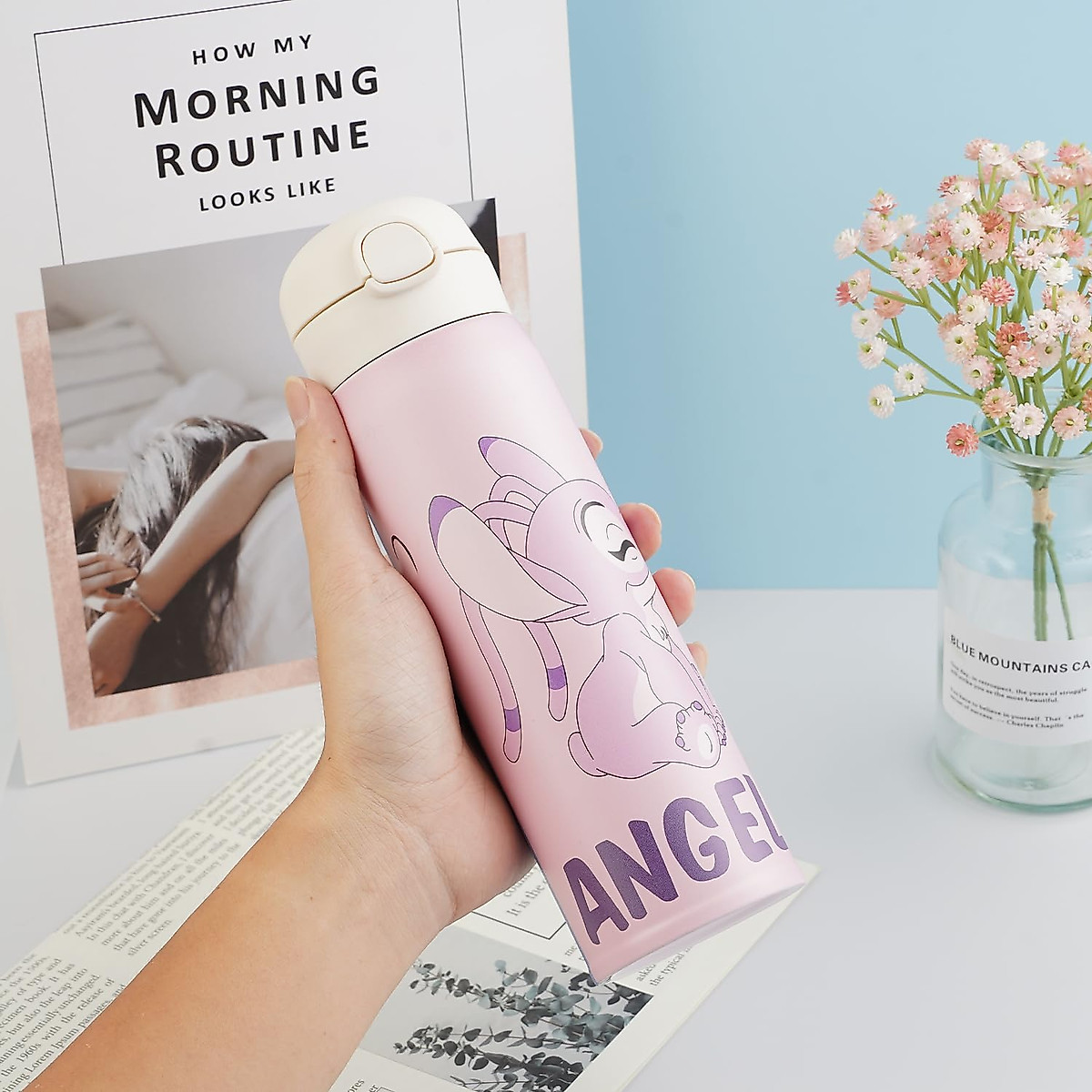 Cute Stitch Water Bottle,Cartoon Anime Water Bottle Cup with Straw,Quick Open Insulated Bottle for Girls 480ml (A)