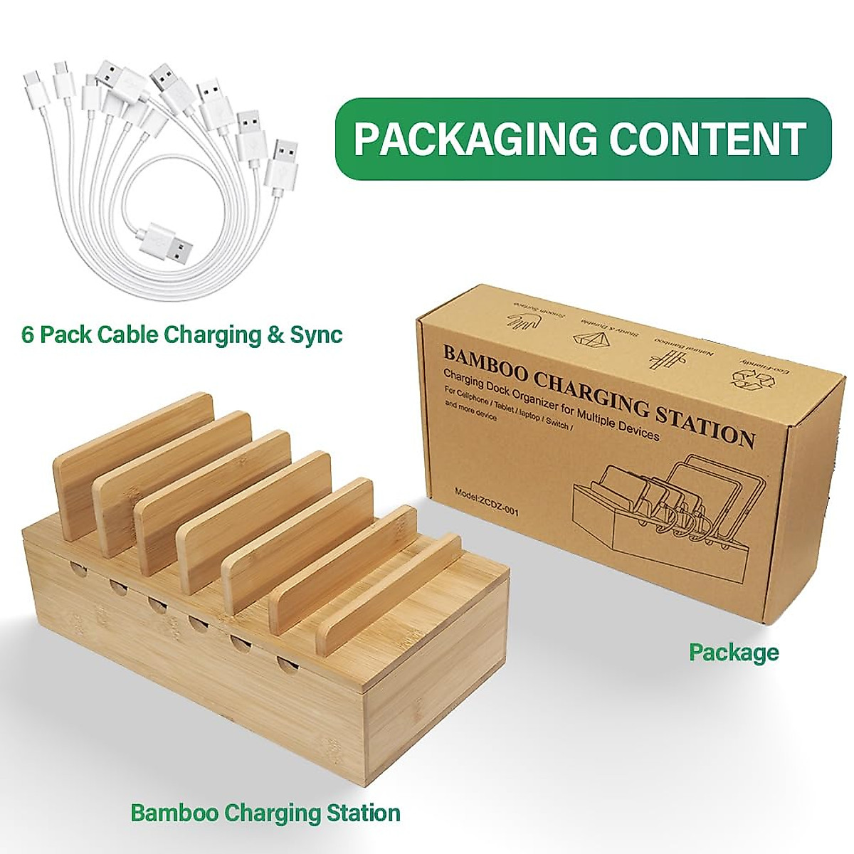 LEOKKARR Bamboo Charging Station for Multiple Devices, Upgrade Desk Docking Stations Organizer for Apple Devices, Wood Charging Cell Phone Holder Stand (Includes 6 Cables) (NO Power Supply)