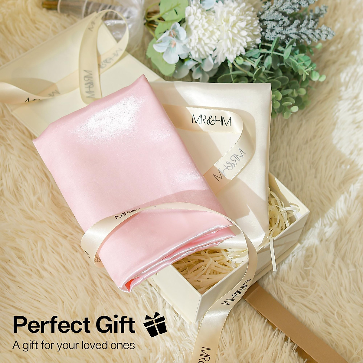 MR&HM Satin Pillowcase for Hair and Skin, Silk Satin Pillowcase 2 Pack, Standard Size Pillow Cases Set of 2, Silky Pillow Cover with Envelope Closure (20x26, White)