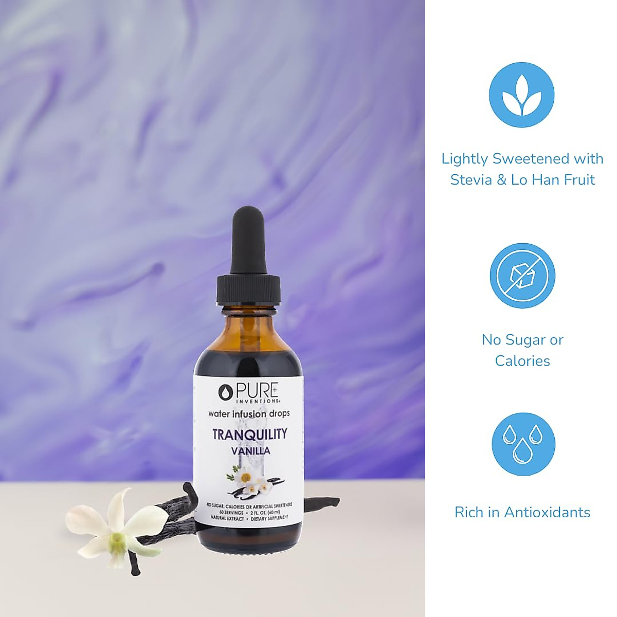 Pure Inventions Tranquility - Supports Relaxation - Vanilla and Chamomile - Water Infusion Drops - No Sugar, Calories, or Artificial Sweeteners - 60 Servings - 2oz