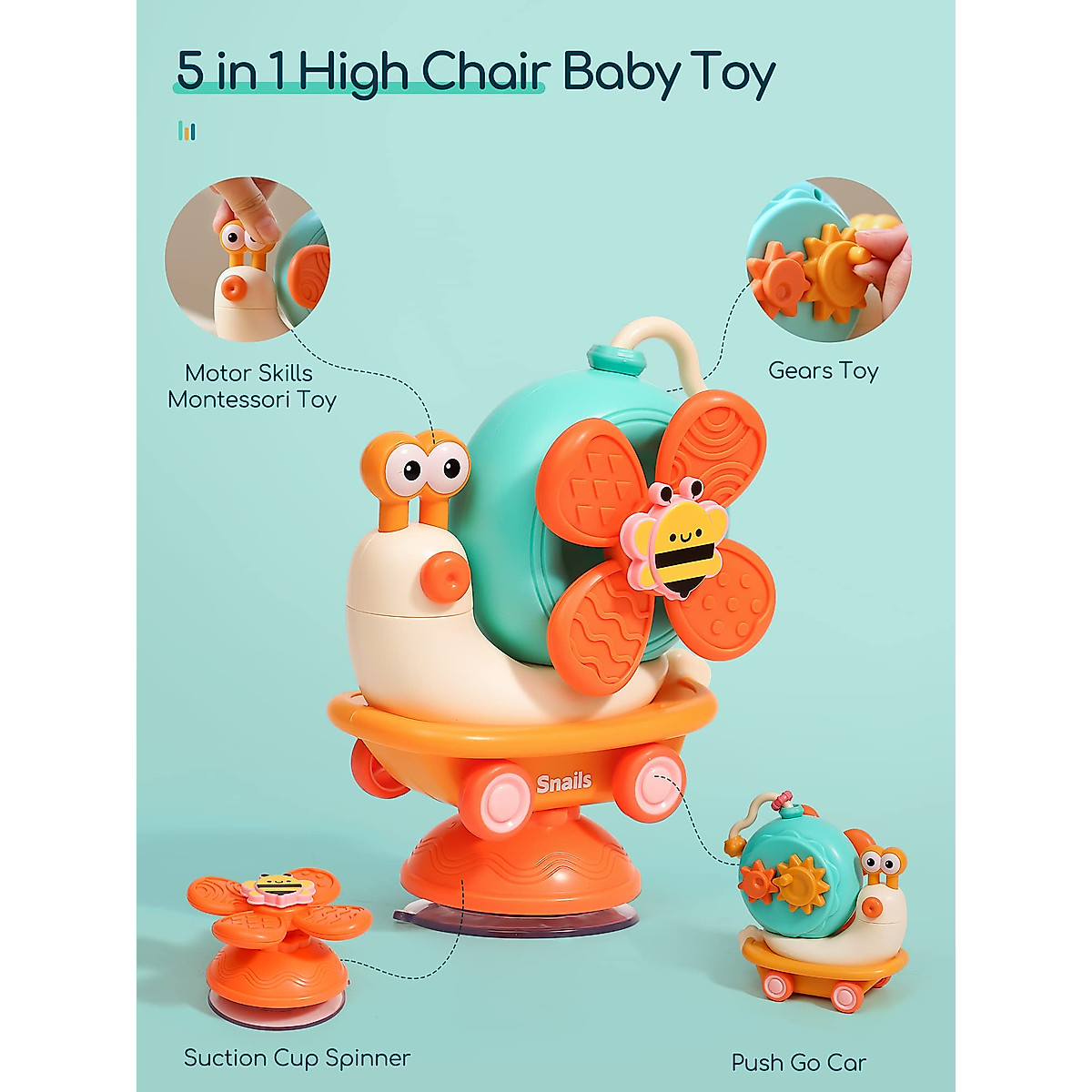 5-in-1 High Chair Toy with Suction Cups Spinner Montessori Toys for Toddler 1-3 Year Old-Fine Motor Infant Tray Sensory Travel Toys for Baby 6-12-18 Months Boy Girl Newborn Birthday Gift