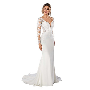 Miao Duo Elagant Long Sleeve Mermaid Wedding Dresses for Women 2022 Ivory Lace Wedding Gowns Ivory 6