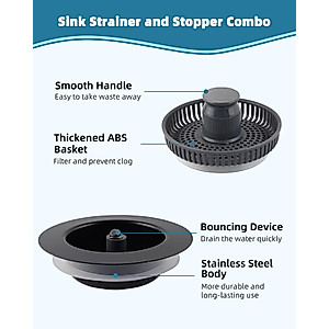 3 in 1 Black Kitchen Sink Stopper Strainer, Matteblack 304 Stainless Steel Pop Up Sink Drain Strainer with Handle Rod for US Standard 3-1/2 inch Drain Filter, Anti-Clog