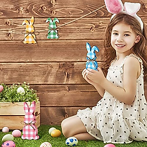 4 Pcs Easter Table Wooden Signs Bunny Shaped Freestanding Centerpiece Signs Buffalo Plaid Tiered Tray Wood Easter Bunnies Reversible Double Printed Bunny Table Decor with Jute Rope for Easter Party