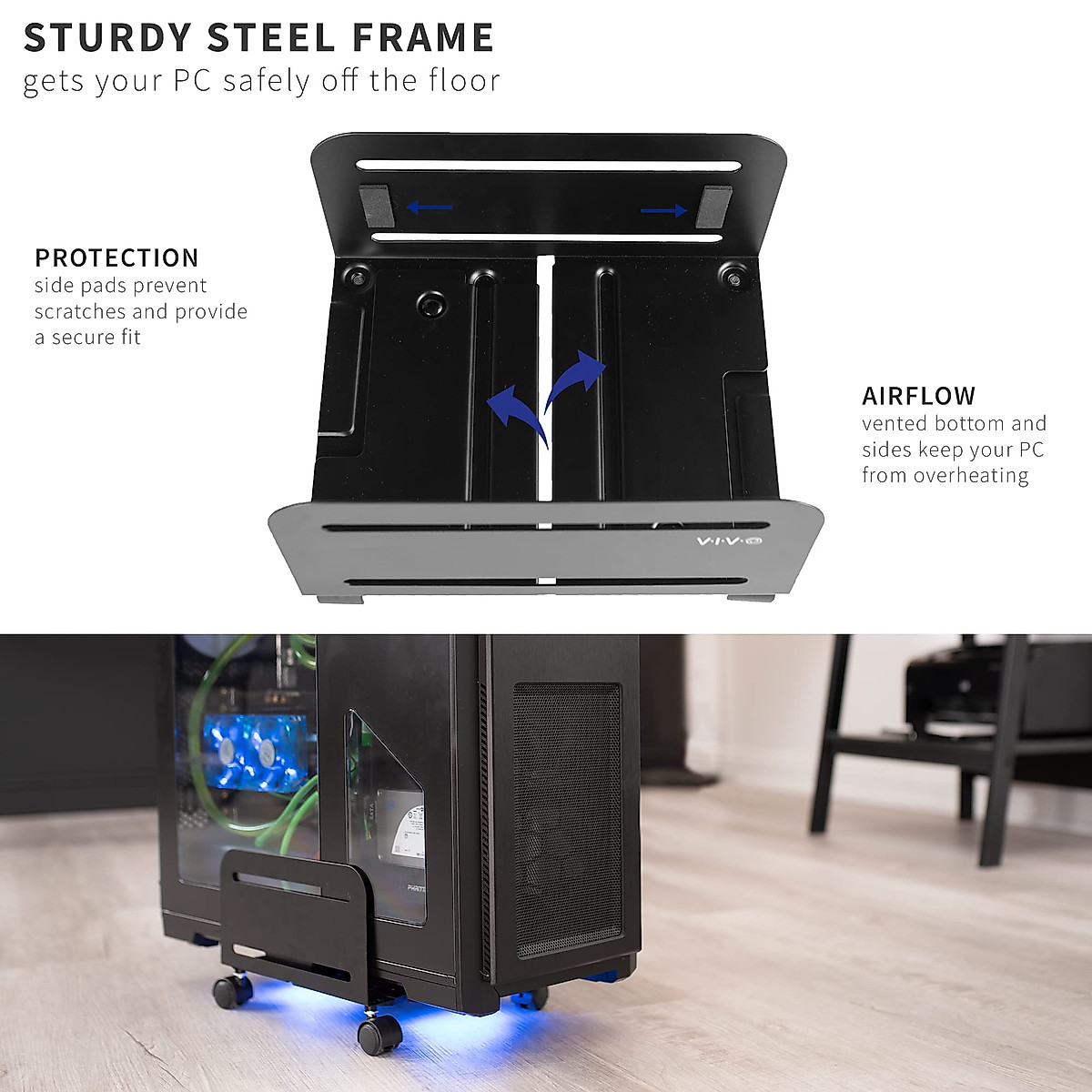 VIVO Large Computer Tower Desktop ATX-Case, CPU Steel Rolling Stand, 7.8 to 14 inch Wide Adjustable Mobile Cart Holder with Locking Caster Wheels, Gaming PC Holder, Black, CART-PC01L