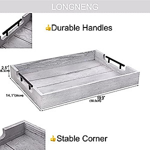 LONGNENG Wood Serving Tray Rectangle Gray Tray with Handles,Decorative Trays,Rustic Ottoman Tray for Living Room with Two Iron Handles