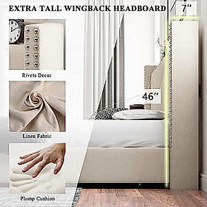 Feonase King Bed Frame with 4 Storage Drawers, Upholstered Platform Bed with Charging Station & Wingback Headboard, Solid Wood Slats Support, No Box Spring Needed, Noise-Free, Beige