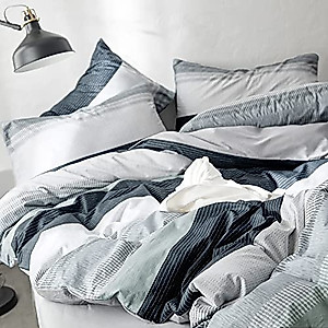 VClife Cotton Twin Duvet Cover White Grey Blue Stripe Comforter Quilt & Pillow Protector Cover Sets Simple Style Geometry Bedding Sets, 1 Twin Size Duvet Cover 68" x 86" & 2 Pillow Shams 20" x26"