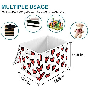 CaTaKu Red Hearts Black Storage Bins with Lids and Handles, Fabric Large Storage Container Cube Basket with Lid Decorative Storage Boxes for Organizing Clothes