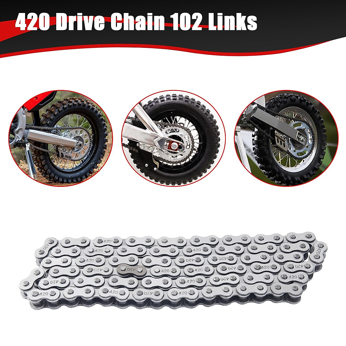 KAMIER 420 Drive Chain 102 Link with Chain Breaker for CRF50 XR50 KLX110 PW80 TTR90 RM60 50cc 70cc 90cc 110cc 125cc TaoTao Coolster Kayo SSR Chinese Pit Dirt Bike 4 Wheeler ATV Go Kart Mini Bike Parts