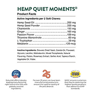 NaturVet Quiet Moments Calming Aid Dog Supplement, Helps Promote Relaxation, Reduce Stress, Storm Anxiety, Motion Sickness for Dogs (Quiet Moments Plus Hemp, 180 Soft Chews)