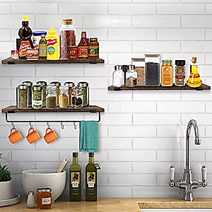 iPeTata Floating Shelves, Wall Mounted Rustic Wood Wall Storage Shelves for Bathroom, Bedroom, Kitchen, Living Room, Office and Coffee Bar Wine Bar, with Towel Bar and 5 Hooks, Set of 3 (Brown)