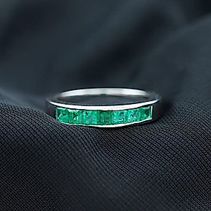 Rosec Jewels Certified Lab Grown Emerald Wedding Band, AAAA Quality, Princess Cut Emerald Anniversary Ring - Ready to Gift, 14K White Gold, Size:US 9.00