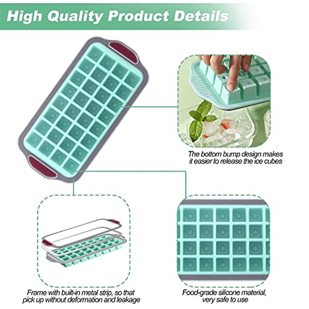 JBYAMUS Ice Cube Trays with Lid, 2 Pack Ice Cube Trays for Freezer, Hard Frame Design is Easy to Pick up Without Deforming and Spilling, Soft Silicone Base, Easy to Release and BPA Free. (Green)