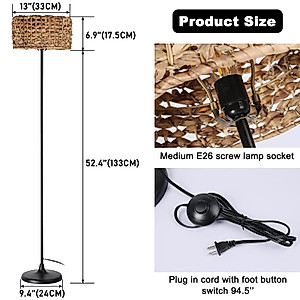 Casamoon Farmhouse Rattan Floor Lamp for Bedroom, Water Lettuce Hand-Knitting Shade Tall Standing Light for Living Room Corner Lighting, Mid Century Rustic Vintage Home Décor, Black