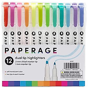 PAPERAGE Dual Tip Highlighters (3.0mm Chisel Tip + 1.0mm Round Tip), Pastel, 12 Pack Dual Tip Brush Pen Set for Highlighting Notes, Drawing, Hand-Lettering, Pens Highlight Markers Journaling and More