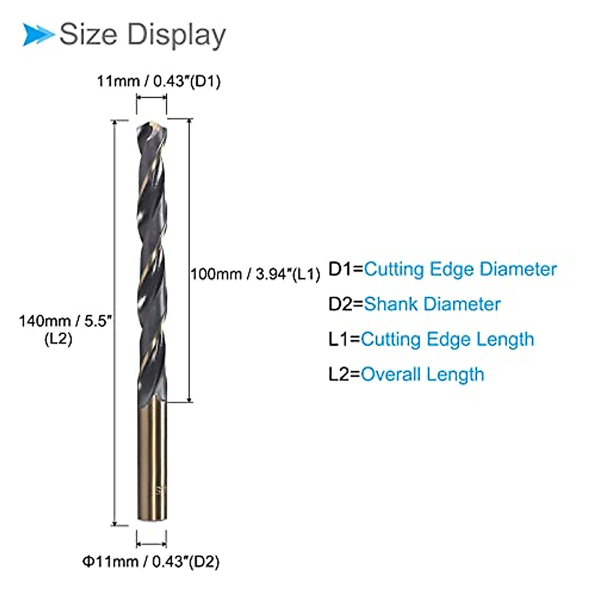 CoCud Twist Drill Bits, 11mm Cutting Edge, Titanium & Nitride Coated High Speed Steel 4341 Round Shank - (Applications: for Stainless Steel Drilling Machine), 2-Pieces