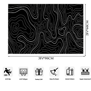 Entryway Rugs Black Topographic Map Non-Slip Washable Indoor Door Mat 2x3 Faux Wool Non-Slip Washable Low-Pile Floor Carpet for Indoor Front Entrance Kitchen Bathroom