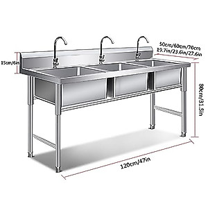 3 Compartment Restaurant Kitchen Prep & Utility Sink,Free Standing Stainless-Steel Three Bowl Kitchen Sink,Free Standing Utility Sink For Garage,Restaurant,Kitchen,Laundry Room(Thick0.8mm)