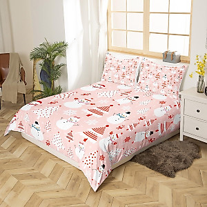 Christmas Kids Bedding Set Cartoon Snowman Bedding Duvet Cover Set for Boys Girls Christmas Tree Decor Comforter Cover Set Pink Dots Xmas Theme Bedspread Cover Bedroom Quilt Cover 3Pcs Queen Size