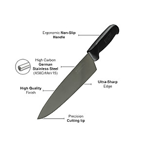 TUKUL Chef knife 8 Inches. X50CrMoV15 (1.4116) German Steel. TPR handle, Dishwasher-Safe