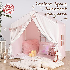 Large Kids Tent, Kids Playhouse with Banner,Light and Padded Mat, Tent for Kids Reading Nook, Play Tent, Easy to Assemble and Wash, Indoor and Outdoor, Pink Boho Adult Tent, 52x35x51,Pink