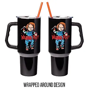 Silver Buffalo Chucky Holding Knife Wanna Play Spooky Scary Stainless Steel Tumbler with Handle and Straw, Fits in Standard Cup Holder, 40 Ounces