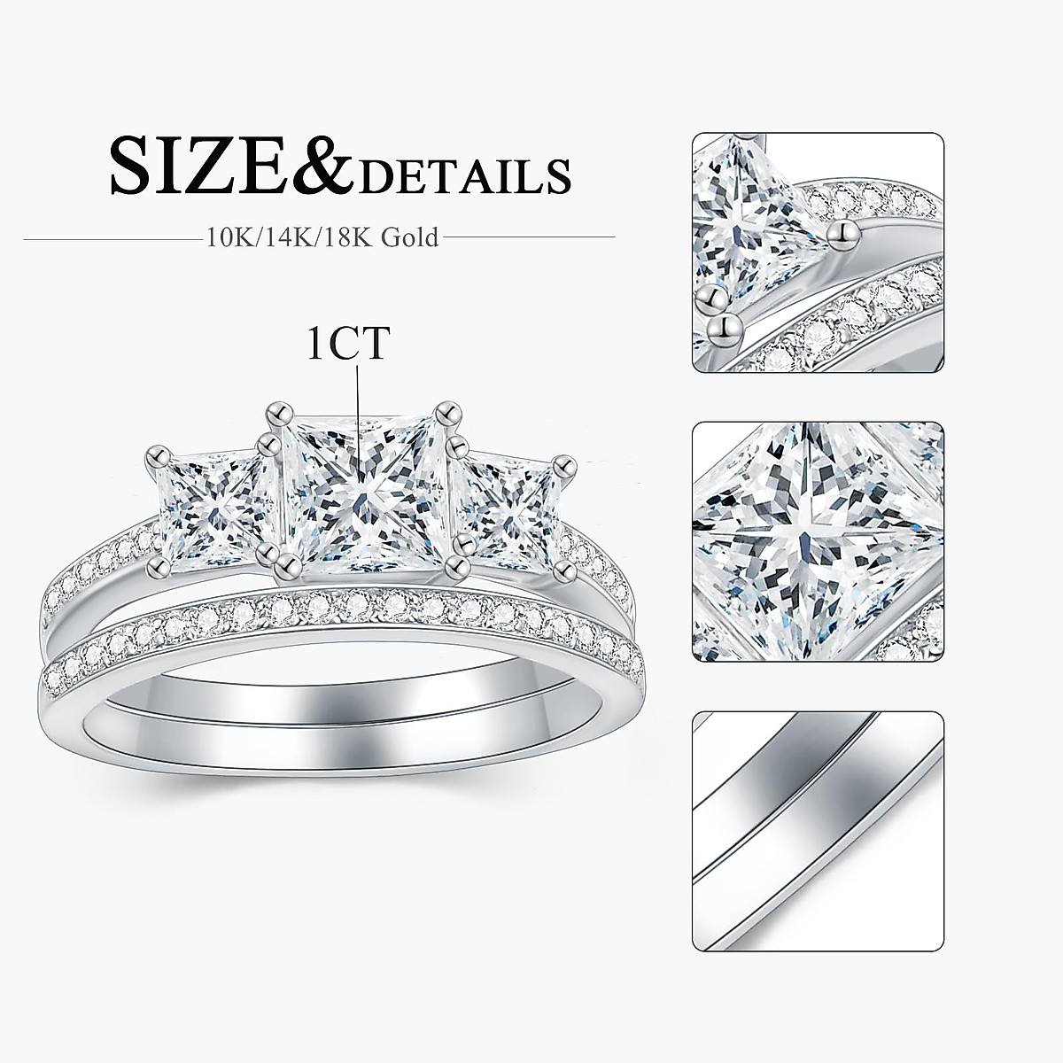 Princess Cut Wedding Ring Set for Women White Gold 3 Stone Moissanite Bridal Ring Set Engagement Ring Set 10K 14K 18K Gold Anniversary Promise Rings for Her with Text Engraving（14K