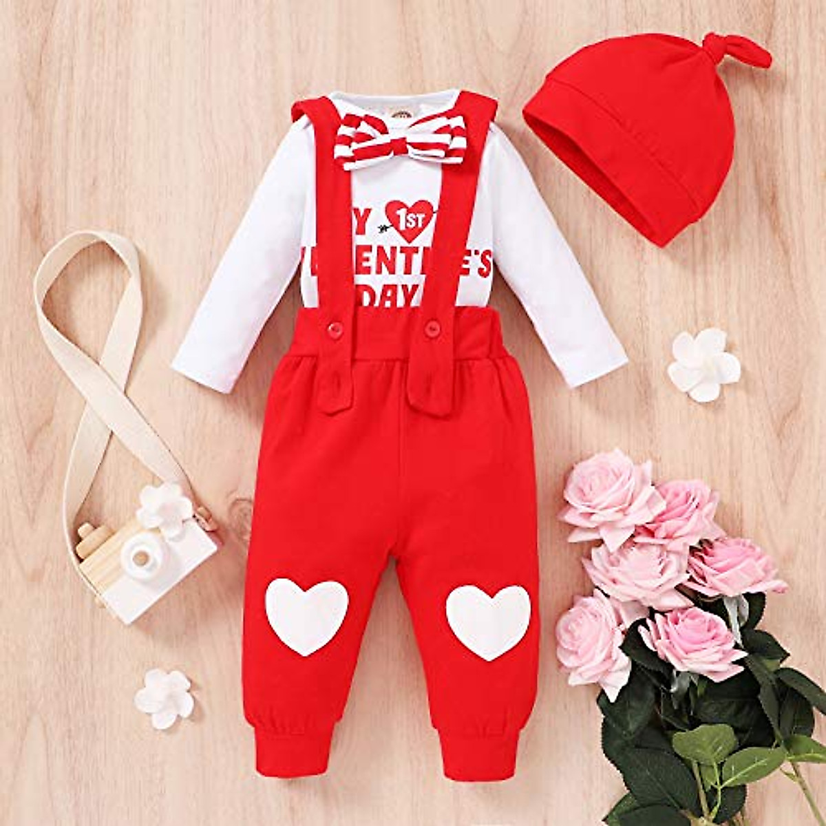 YOUNGER TREE 3PCS Newborn Infant Baby Boy Clothes My 1st Valentines Day Outfits Bow-tie Romper+Overalls Suspender Pants+Hat (6-12 Months, Bowtie Romper+Overalls +Hat)