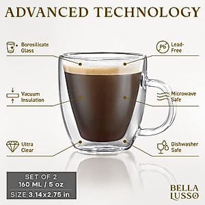 Glass Espresso Cups - Double Wall Insulated Coffee Mugs - Designed in USA - 2 Pack, 5 oz - Set for Cappuccino,Latte,Tea,Shots - Borosilicate Glassware - Dishwasher,Microwave Safe - Premium Gift Box