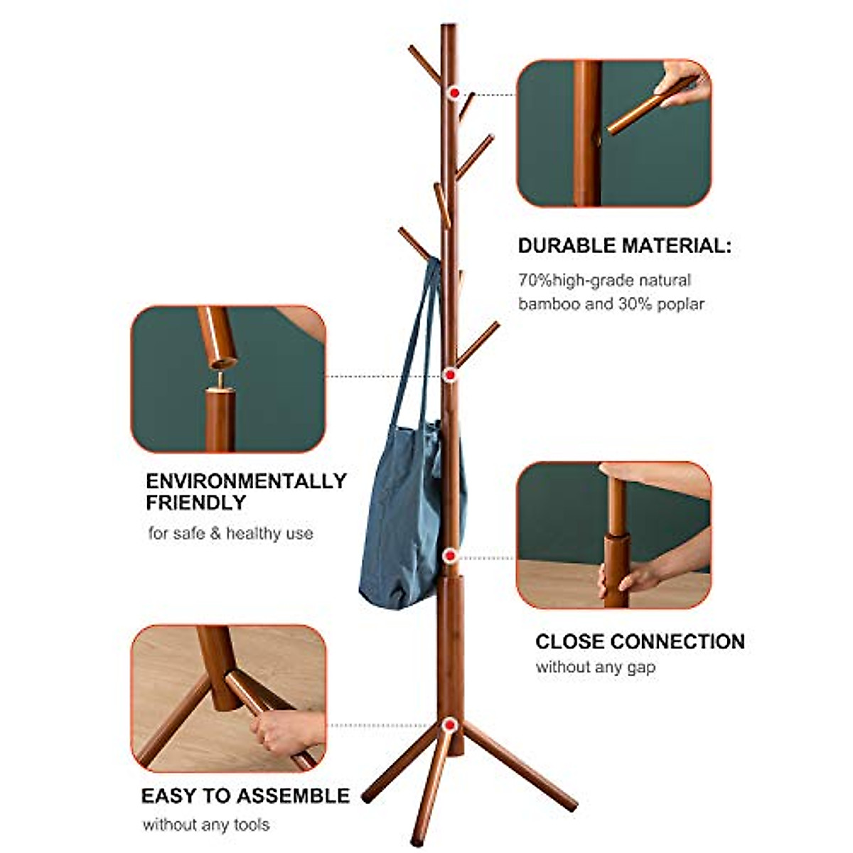 BMOSU Bamboo Coat Rack Freestanding Stand Tree Adjustable Coat with 3 Sections 8 Hooks Easy to Assemble Standing Coat Jackets Hanger for Bedroom Office Hallway Entryway Brown