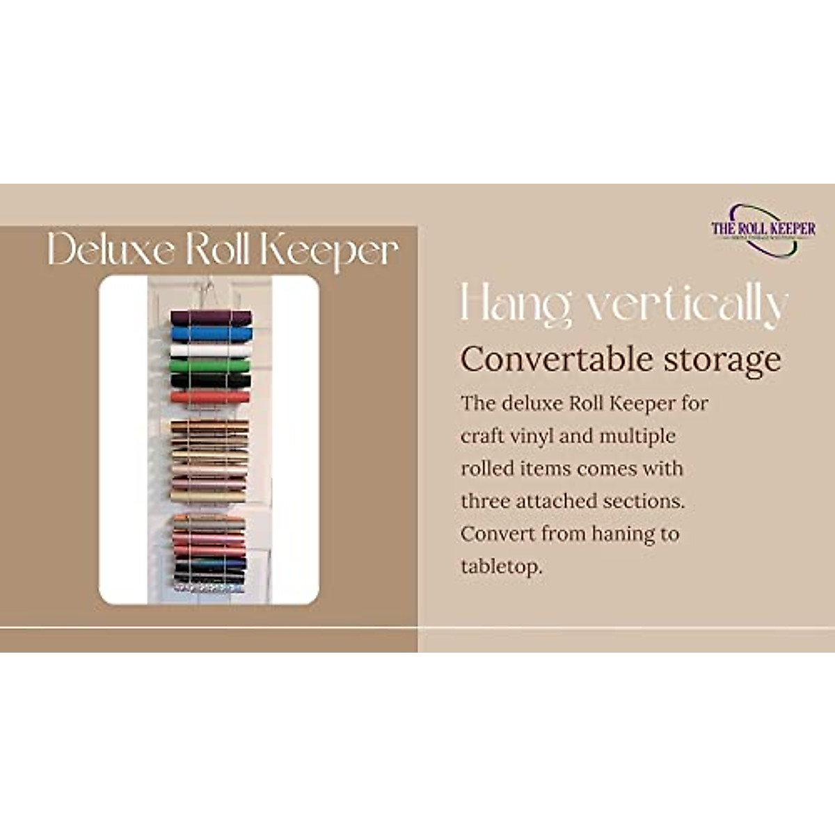 The Roll Keeper, Vinyl Roll Holder and Craft Room Organizer, Hanging Adjustable Rack, Diamond Painting Accessories,Closet, Door and Wall Mount, Holds 36 Roll (White Elastic)