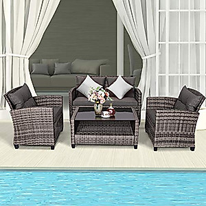 Tangkula 4 PCS Patio Wicker Conversation Furniture Set, Outdoor Rattan Sofa Set with Padded Cushion & Tempered Glass Coffee Table, Wicker Sectional Sofas & Table for Courtyard Balcony Garden (1, Grey)