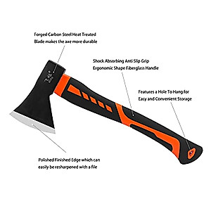 Camping Axe Hatchet Gardening Splitting Axe Forged Steel Wood Chopping Hatchet with Fiberglass Handle Anti-Slip Grip for Gardening, Camping, Hiking, Outdoor Survival (1 Pack (Length 16"))