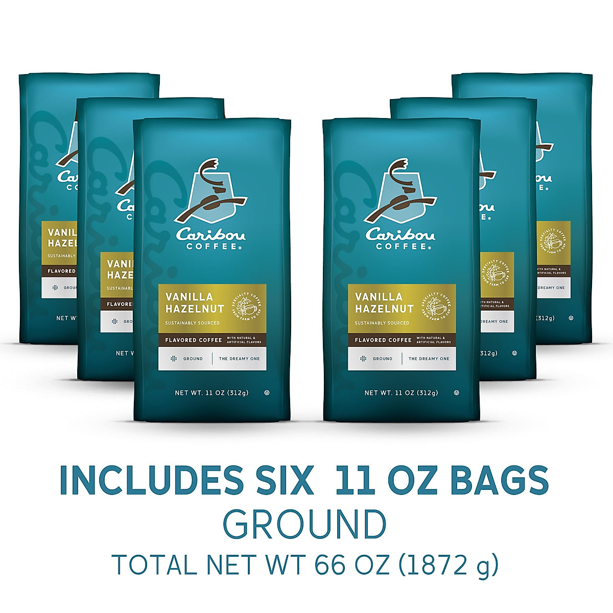 Caribou Coffee, Flavored Ground Coffee - Vanilla Hazelnut Dreamstate 66 Ounces (6 Bags of 11 Ounces)