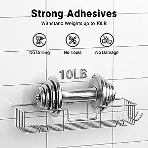 AmazerBath Adhesive Shower Caddy Basket Rack with Hooks, Shower Shelf Wall Mounted, No Drilling Shower Organizer for Bathroom, Rustproof Stainless Steel, 2 Pack, Chrome